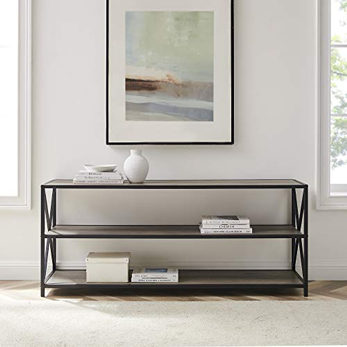 Walker Edison 2 Shelf Industrial Wood Metal Bookcase Tall Bookshelf Storage Home Office, 60 Inch, Grey