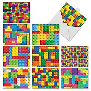The Best Card Company – 10 Unique Blank Kids Greeting Cards, Camp Stationery + Envelopes, Colorful Children Notecards Bulk Set, Birthday, Thank You Small Notes, Boys Building Block Letters M3068