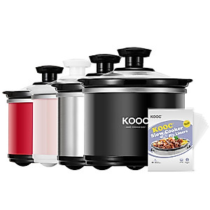 KOOC Small Slow Cooker, 0.65 Quart, Free Liners Included, Upgraded Ceramic Pot, Nutrient Loss Reduction, Sauces, Stews & Dips, Stainless Steel, Black, Round