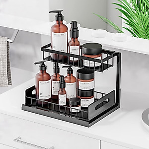 Under Sink Organizer and Storage, 2 Pack Pull Out Cabinet Slide Shelf Storage Shelves, for Kitchen Bathroom Organizer,Metal with Sliding Drawer,2-Tier Sturdy Multi-Functional Organization,Black