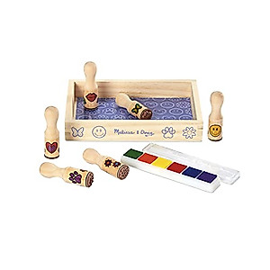 Melissa & Doug Happy Handles Wooden Stamp Set: 6 Stamps and 6-Color Stamp Pad - Kids Stamp Packs With Washable Ink, Easy To Hold Stampers For Kids Ages 4+