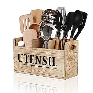 Large Rustic Kitchen Utensil Holder for Countertop, Farmhouse Wooden Utensil Holder for Kitchen Counter, 3 Compartment Rustic Cooking Utensil Holder, Kitchen Utensil Organizer Caddy for Home Decor