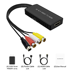 RuiPuo S-Video and AV to HDMI Converter, PS2 HDMI Adapter, AV to HDMI Adapter Support 1080P, PAL/NTSC Compatible with WII, WII U, PS one, PS2, PS3, STB, Xbox, VHS, VCR, Blue-Ray DVD Players