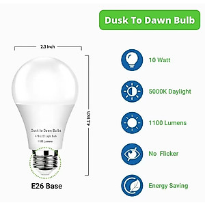 GEPLAD 6 Pack Dusk to Dawn Light Bulbs Outdoor, Sensor A19 LED Light Bulb, Auto on/Off Photocell Automatic for Outdoor Lighting, 5000K Daylight,1,100 Lumens
