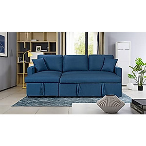 GLANZEND L-Shape Reversible Linen Sleeper Sectional Sofa with Storage Chaise, Corner Convertible Couch w/ 2 Throw Pillows for Living Room, Small Apartment, Dorm, Navy Blue, 57 Inch