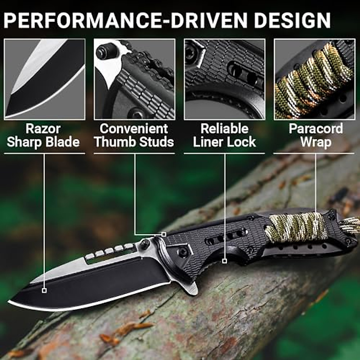 Spring Assisted Pocket Knife - Survival Military Foldable Knife - Best Outdoor Camping Hunting Bushcraft EDC Folding Knife - Tactical Paracord Stainless Steel Pocket Knives w/Clip for Men 25443