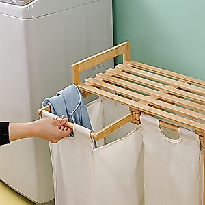 Bamboo Laundry Hamper with Shelf, Dual Compartments Laundry Organizer and Storage, Bamboo Laundry Sorter with Sliding Handles Utility Laundry Storage Organizer for Bathroom Bedroom