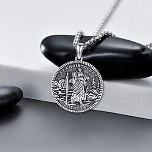 Aniu St Christopher Necklace for Men Saint Christopher Necklace for Men St Christopher Medal Medallion Pendant Necklace Sterling Silver Protect Talisman Necklace Tavel Jewelry