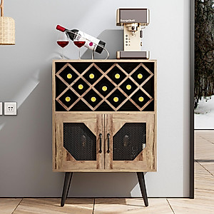 SogesHome 23.6 inches Wine Cabinet, Wine Storage Rack with 11 Bottle, Rack Wine Holder, Large Storage Cabinet with Metal Mesh Doors, for Kitchen, Dining Room, Living Room