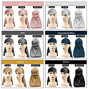 LEADUWAY 6Pcs Velvet Durag with 1 Wave Cap for 360 Waves Doo Rag(Mist Pink, Grey, Oriental Blue, Bronze, White, Black)
