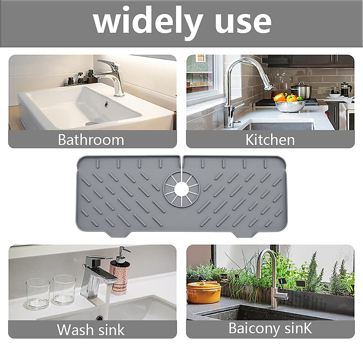 kukifun Silicone Faucet Handle Drip Catcher Tray,Kitchen Sink Faucet Splash Guard,Silicone Tap Drip Tray,Silicone Draining Mat,Kitchen Sink Mat,Silicone Drying Mat,Sink Protector,Gray,A Style