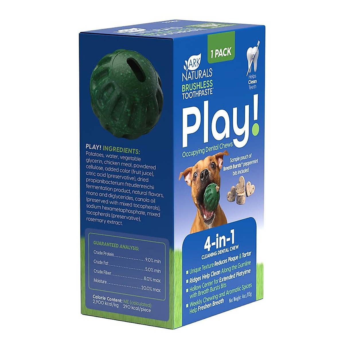 Ark Naturals, Brushless Toothpaste Play!, 4-in-1 Cleaning Dental Chew Play Ball, 1 Pack