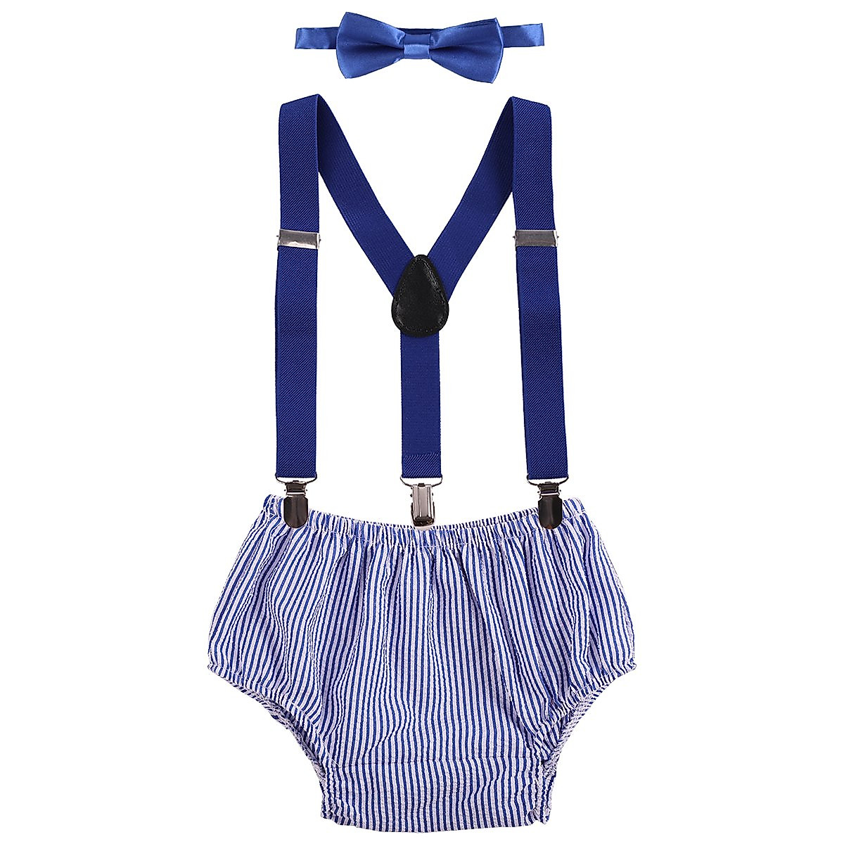 Baby Boys Cake Smash Outfit First Birthday Bloomers Bowtie Adjustable Y Back Suspenders Clothes set Royal Blue Striped One Size