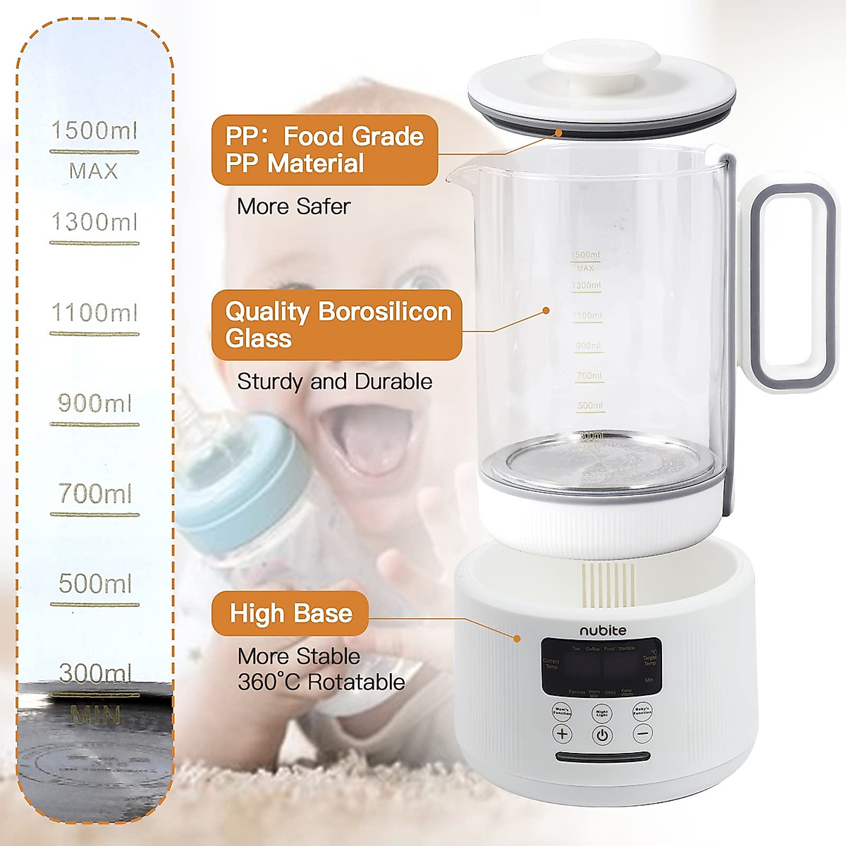 Instant Water Warmer, 8-in-1 Baby Bottle Warmer, Water Dispenser, Baby Formula Maker, Electric Kettle 1.5-Liter, Breastmilk Defroster, with Nightlight