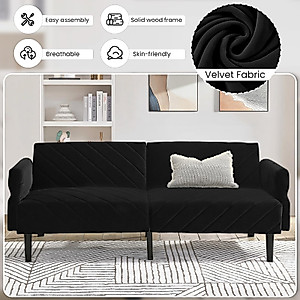 JEEOHEY Futon Sofa Bed, 78" Convertible 3 Seat Sleeper Sofa w/5 Level Adjustable Split Backrest & 3 Level Armrest, Oversized Velvet Futon Couch Bed for Living Room, Apartment, Small Space, Black