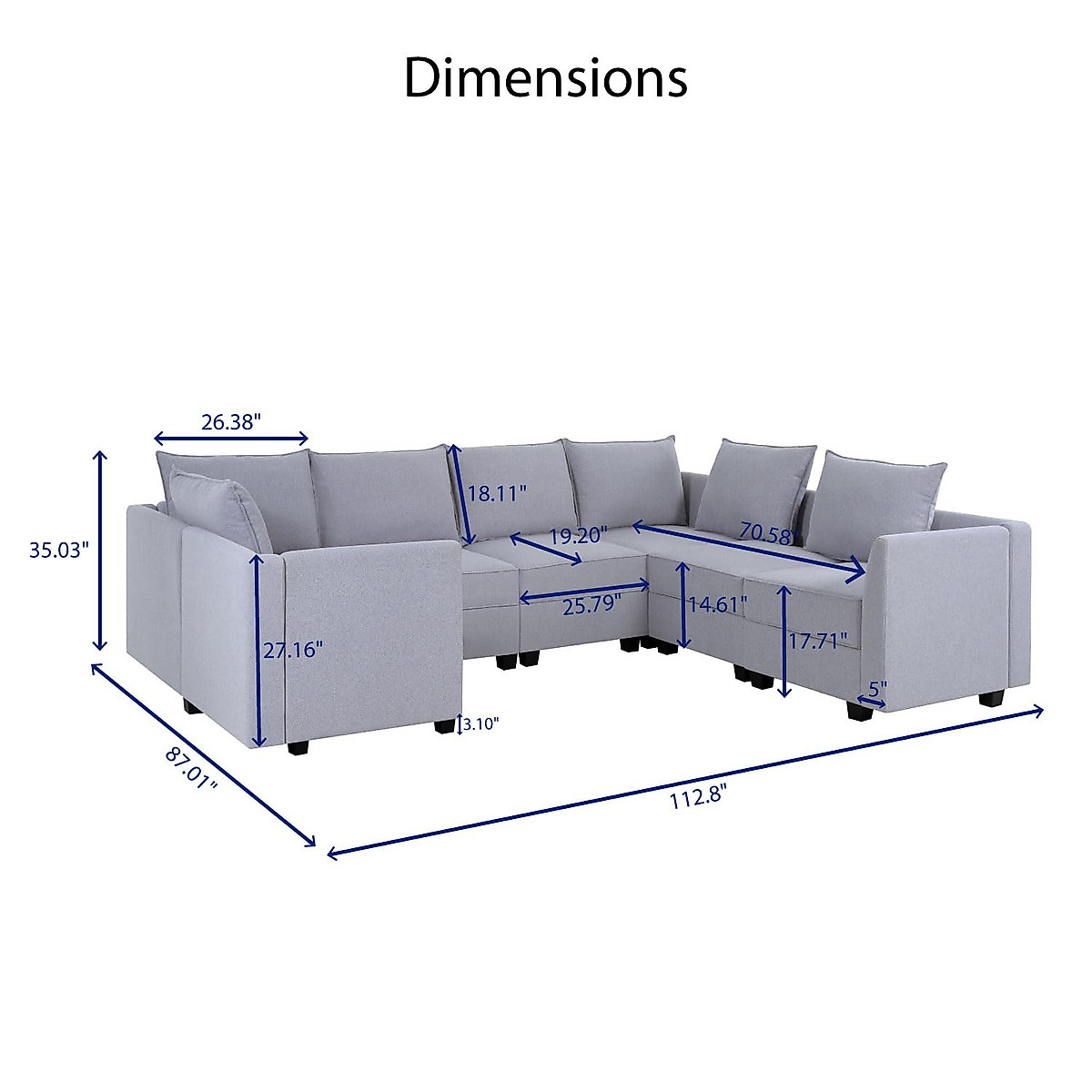 Naomi Home Elizabeth Convertible U Shaped Modular Sofa Sectional Modular Couch with Chaise Oversized Sofa Sleeper Couch for Large Living Room - 7-Seater L Shaped sectional Sofa - Gray