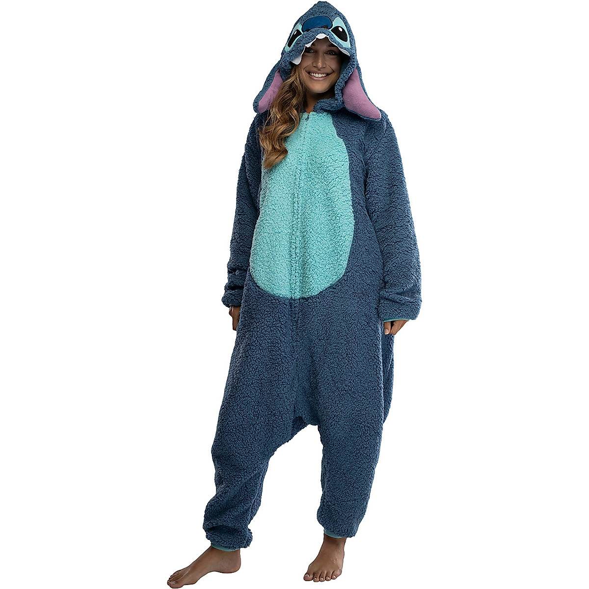Disney Lilo & Stitch Adult Stitch Kigurumi Cosplay Costume Sherpa Union Suit Pajama Outfit (2X/3X) Blue