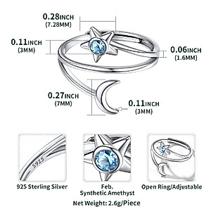 ChicSilver 925 Sterling Silver Open Adjustable Ring Dainty Star and Moon Ring March Birthstone Stackable Knuckle Rings Created Aquamarine Jewelry for Women
