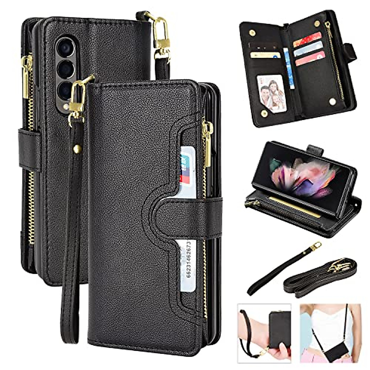 REKALRO for Galaxy Z Fold 4 Wallet Case with Card Holders, PU Leather Case Wallet Women with Long Lanyard, Wireless Charging Zipper Kickstand Magnetic Phone Case for Samsung Galaxy Z Fold 4 5G (Black)