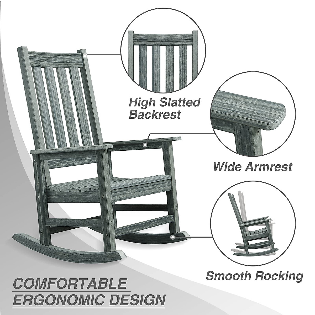 ACUEL Rocking Chair Outdoor, HDPE Oversized Patio Rocking Chairs, Weather Resistant, 350lbs Heavy Duty Porch Rocker with High Back for Backyard, Fire Pit, Garden and Indoor (Grey)