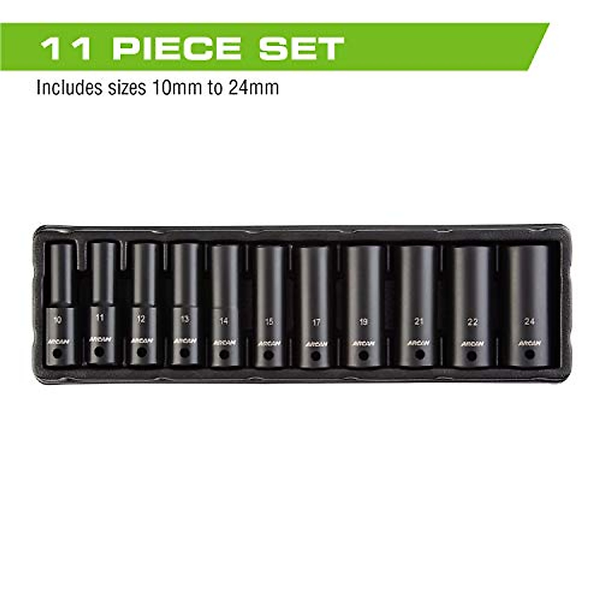 ARCAN PROFESSIONAL TOOLS 1/2 Inch Drive Deep Impact Socket Set, Metric, 10mm - 24mm, Cr-V, 11-Piece (AS21211MD)