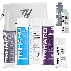 TRIHARD Swimmers Skin Hair Care Kit, After Swim Chlorine Removal Body Wash and Shampoo, Pre Post Swim Conditioner and Body Lotion, Swim and Sun Face Wash, Set of 5