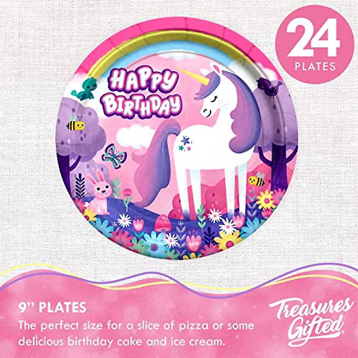 Treasures Gifted Rainbow Unicorn Birthday Party Supplies - Serves 24 Guests - Dinnerware Starter Set - Unicorn Party Supplies Including Unicorn Napkins & Unicorn Plates for Birthday Parties