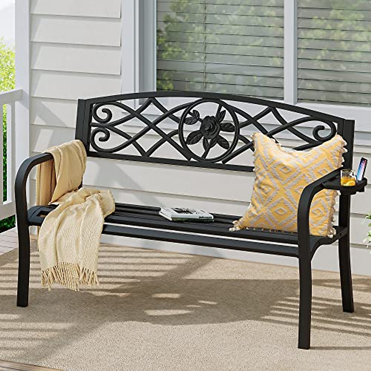 YITAHOME Outdoor Bench 50" Metal Bench with Cup Holder Rose Pattern Patio Bench with Backrest and Armrest for Porch Lawn Balcony Backyard and Indoor Black