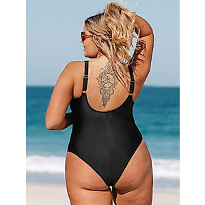 CUPSHE Women Plus Size One Piece Swimsuit V Neck Mesh Sheer Tummy Control Bathing Suit with Adjustable Wide Straps, 1X Black