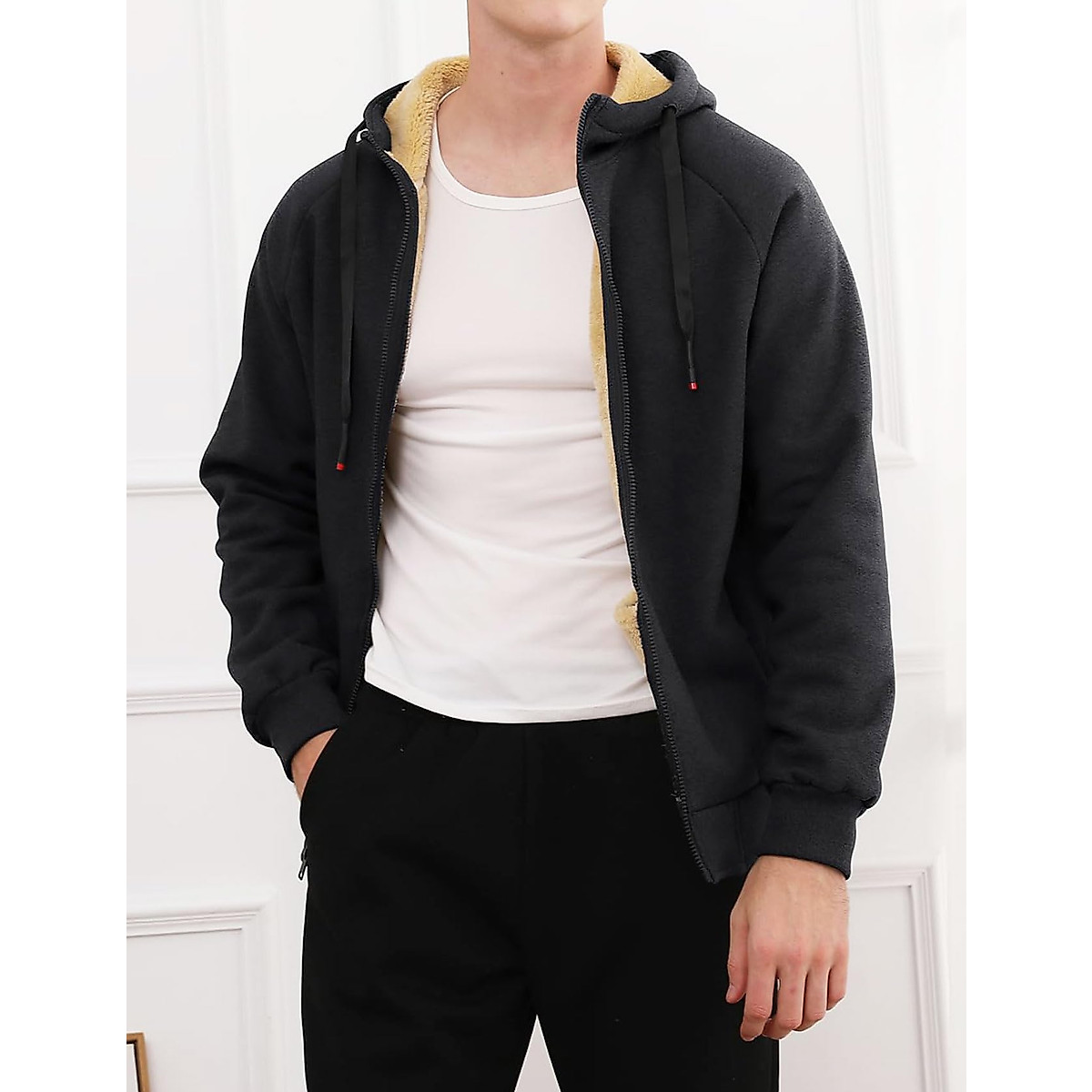 Gihuo Men's Winter Sherpa Lined Hoodie Zip Up Sweatshirt Heavyweight Warm Fleece Jacket with Pockets (Black, L)