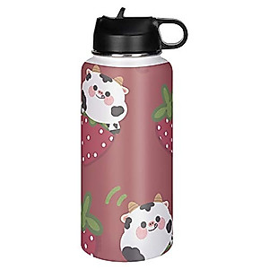 EmroyouYi Strawberry Cow Stainless Steel Sports Water Bottle with Straw Lid Insulated Thermo Mug Gifts for Friends white 32oz