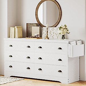 LIKIMIO Dresser for Bedroom 6 Drawer with Charging Station, TV Stand Storage Chest of Drawers for Living Room Hallway Entryway, MDF Board, White