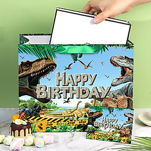 Dinosaur Birthday Gift Bag for Boys Girls Kid Dinosaur Happy Birthday Favor Bag Dinosaur Birthday Wrapping Paper Bag with Tissue Paper and Greeting Card for Dinosaur Birthday Christmas Party Supplies