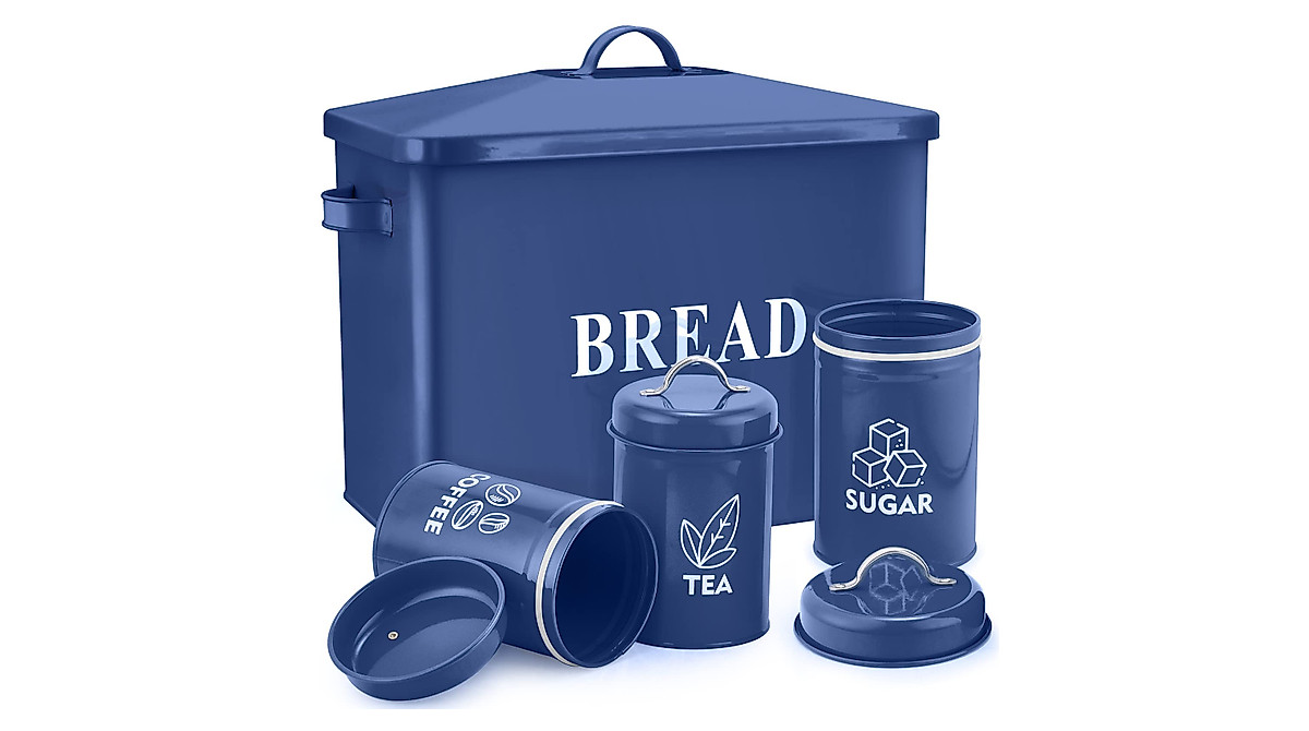 E-far Navy Blue Bread Box & Canister Set - Rustic Kitchen Storage