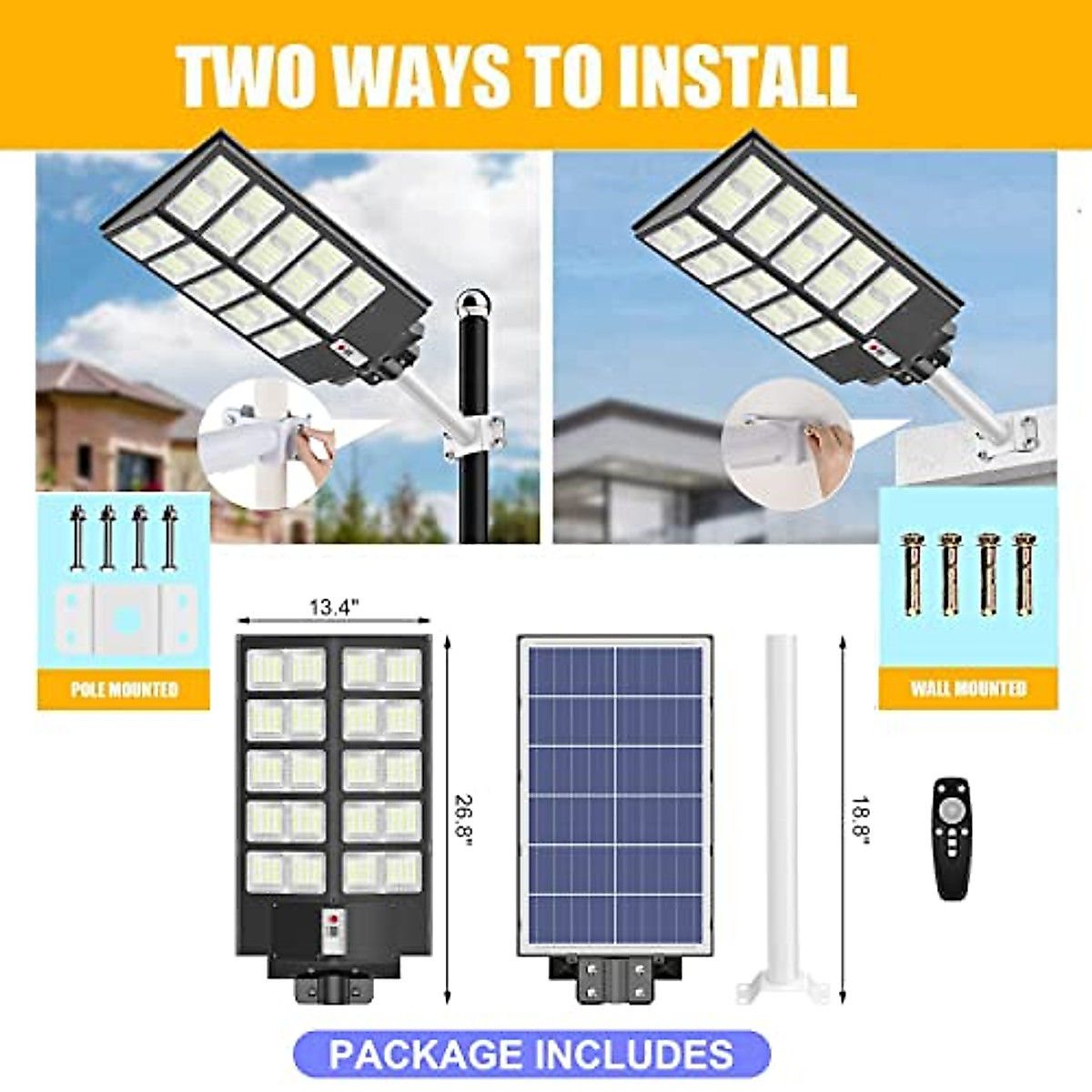 1000W Solar Street Lights Outdoor Solar Powered Dusk to Dawn Parking Lot Light with Motion Sensor and Remote Control for Backyard