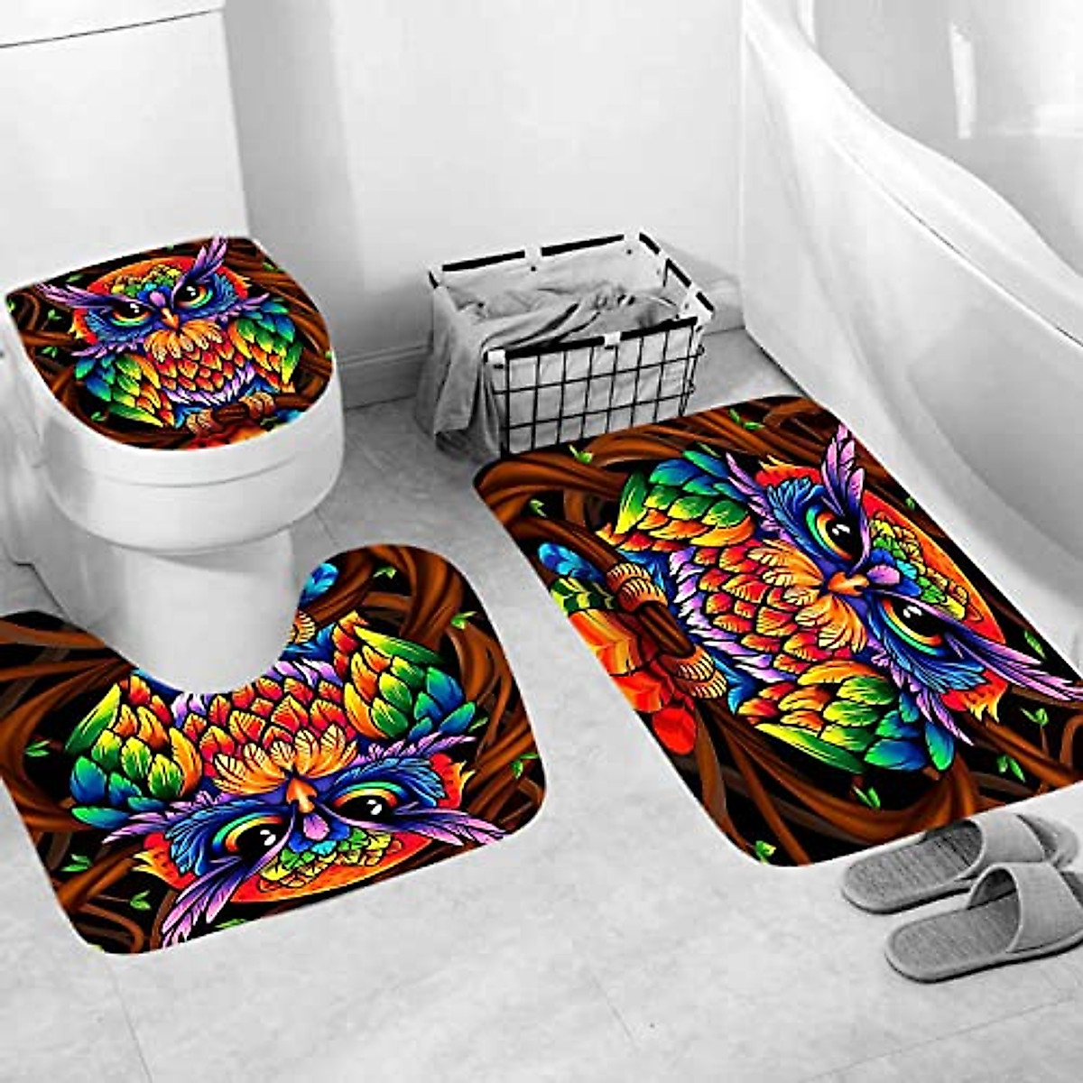 Posienr Colorful Owl Shower Curtain Sets Bath Mat 4 Pcs Decor Bathroom Cute Cartoon Animals Contour Mat Toilet Lid Cover U Shaped Non-Slip Rug Fabric Waterproof Polyester with 12 Hooks