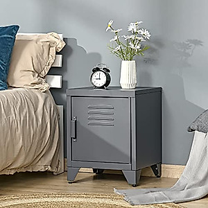 HOMCOM Industrial End Table, Living Room Side Table with Locker-Style Door and Adjustable Shelf, Grey