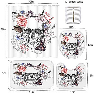 Britimes 4 Piece Shower Curtain Sets, Skull Flower with Non-Slip Rugs, Toilet Lid Cover and Bath Mat, Durable and Waterproof, for Bathroom Decor Set, 72" x 72"