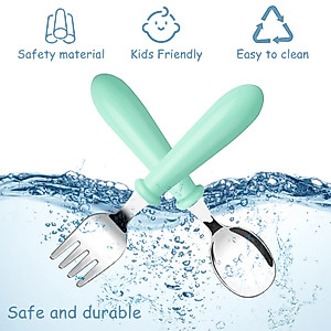 Pimoys 6 Pieces Toddler Utensils Stainless Steel Baby Forks and Spoons Set Kids Silverware Children's Flatware Metal Cutlery Set with Round Handle, 3 x Cute Forks,3 x Children Spoons