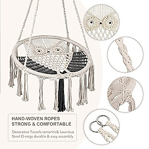 Prime Garden Hammock Chair, Owl Hanging Macrame Swing with Hardware Kits, Handmade Knitted Mesh Rope Swing Chair for Indoor, Outdoor, Bedroom, Patio, Garden, Small (Width 60 CM)