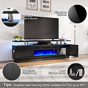 AMERLIFE Entertainment Center with Fireplace and Bookcases, Includes 70" 2-Tier Fireplace TV Stand with 36" Fireplace, 2 x Modern High Gloss Bookshelves with LED Lights & Glass Doors, Black
