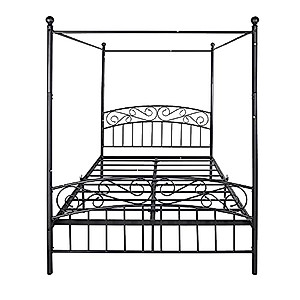 USIIN Queen Size Metal Canopy Bed Frame with Headboard and Footboard Black
