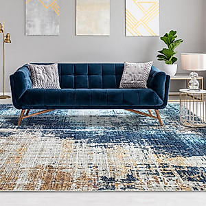 VK VK·LIVING Machine Washable Rug 8'x10' Abstract Washable Area Rugs with Non Slip Rugs for Living Room Bedroom Modern Woven Rug Carprt Stain Resistant, Washable Rugs Dining Room Office Boho Rug, Blue
