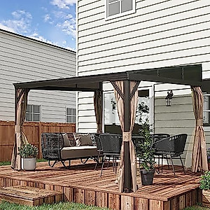 Domi 10x12FT Lean to Gazebo, Hardtop Wall Mounted Gazebo with Sloping Galvanized Steel Roof, Wall Pergola with Aluminum Frame, Curtains and Netting, for Patio, Deck, Garden, Backyard