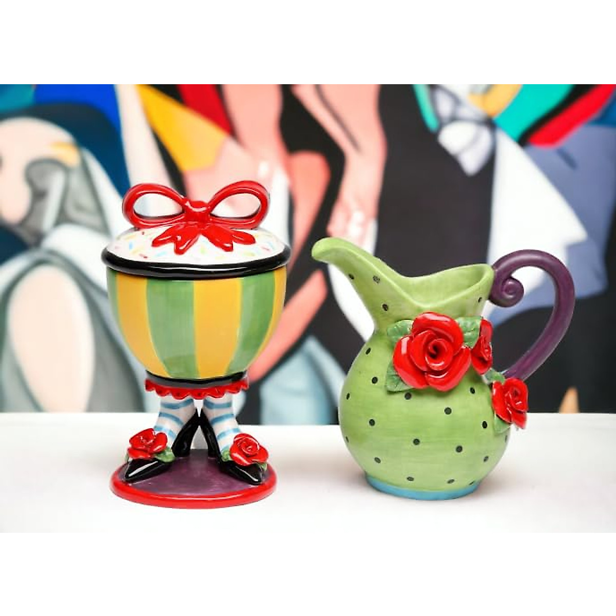 ATD 5.38 Inch Yellow and Green Sugar Bowl on Shoes and Green Creamer Set