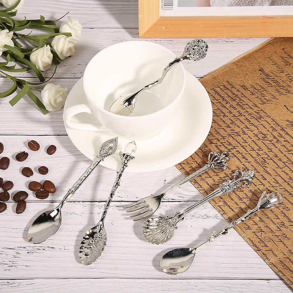 Fdit 6Pcs/Set Vintage Carved Coffee Spoon Teaspoon Retro Zinc Alloy Dessert Coffee Tableware Spoons Cutlery Kitchen(Silver)