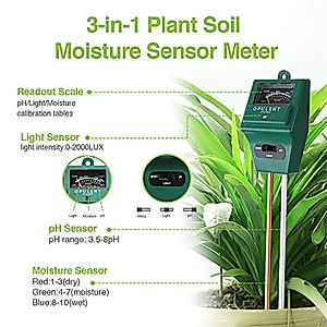 OPULENT SYSTEMS 3-in-1 Soil pH Meter Soil Moisture Light and pH Tester, Gardening Hand Tools for Indoor & Outdoor Garden Lawn Farm Plant Care