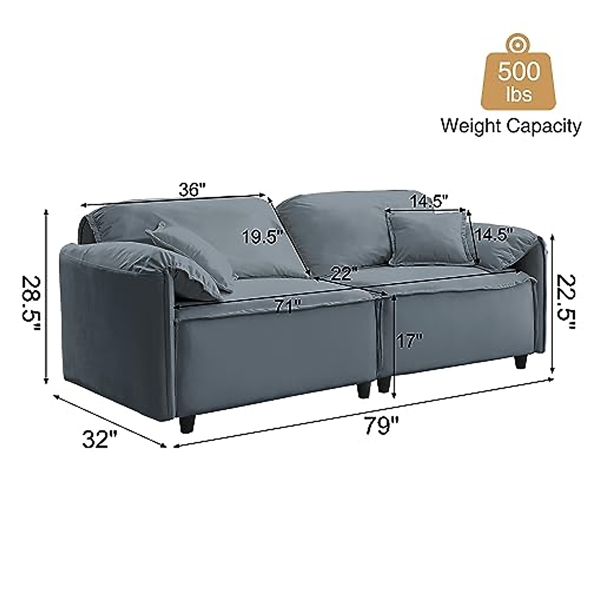 Suheww 79” Velvet Sofa Set 2 Piece, Modular Sectional 3-Seater Futon Couch Set, Living Room Furniture Set with 4 Pillows, Grey Blue