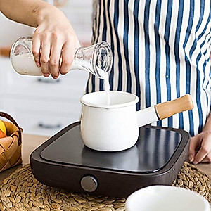 YumCute Home Enamel Milk Pan, Mini Butter Warmer 4 Inch 550ml Enamelware Saucepan Milk Warmer Small Cookware with Wooden Handle, Perfect Size for Heating Smaller Liquid Portions. (White)