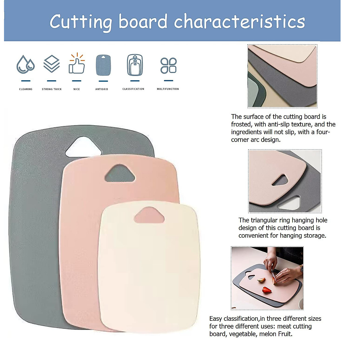 Plastic Cutting Board Set of 3, Cutting Boards for Kitchen,Thick Chopping Boards for Meat, Veggies, Fruits, with Easy Grip Handle, Dishwasher Saf,Suitable for outdoor camping, RV. (Pink)